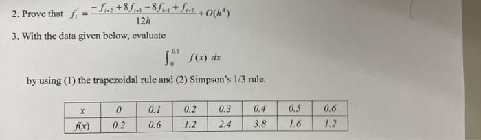 Solved 2. Prove that fi′=12h−fi+2+8fi+1−8fi−1+fi−2+O(h4) 3. | Chegg.com