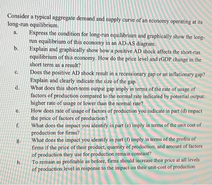 Solved Consider a typical aggregate demand and supply curve | Chegg.com