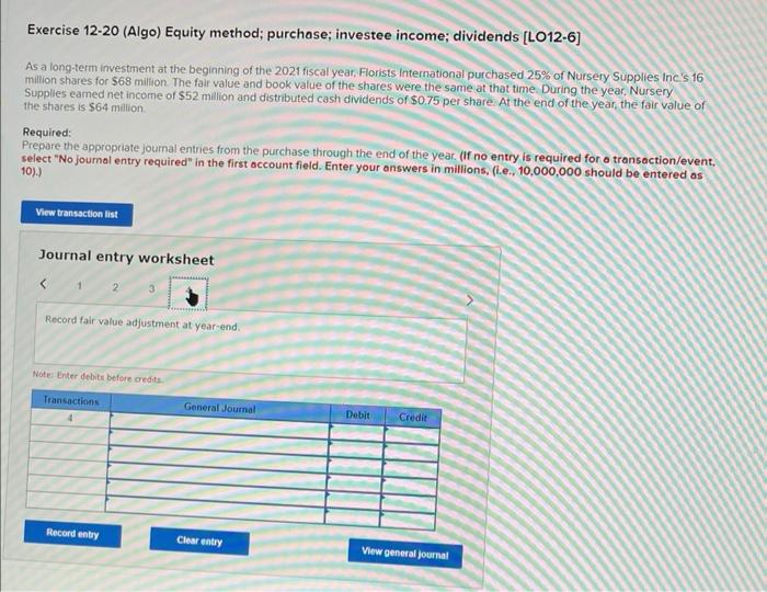 Solved Exercise 12-20 (Algo) Equity method; purchase; | Chegg.com