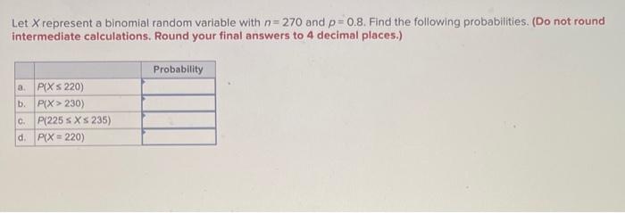 Solved Let X represent a binomial random variable with n=270 | Chegg.com