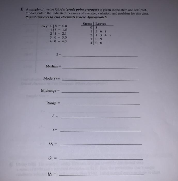 Solved 3. A sample of twelve GPA's (grade point averages) is | Chegg.com