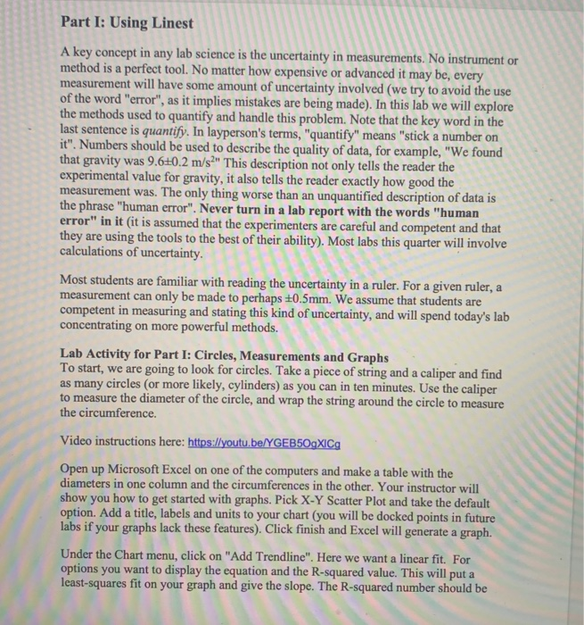 Part I: Using Linest A key concept in any lab science | Chegg.com