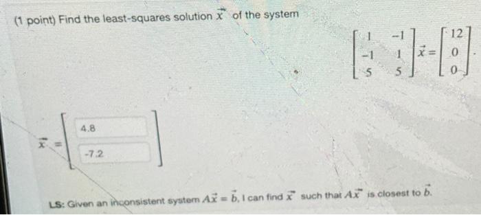 Solved (1 point) Find the least-squares solution x of the | Chegg.com
