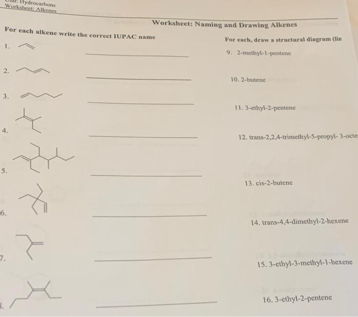 Solved Workydrocarbons Worksheet Alkenes Worksheet: Naming | Chegg.com