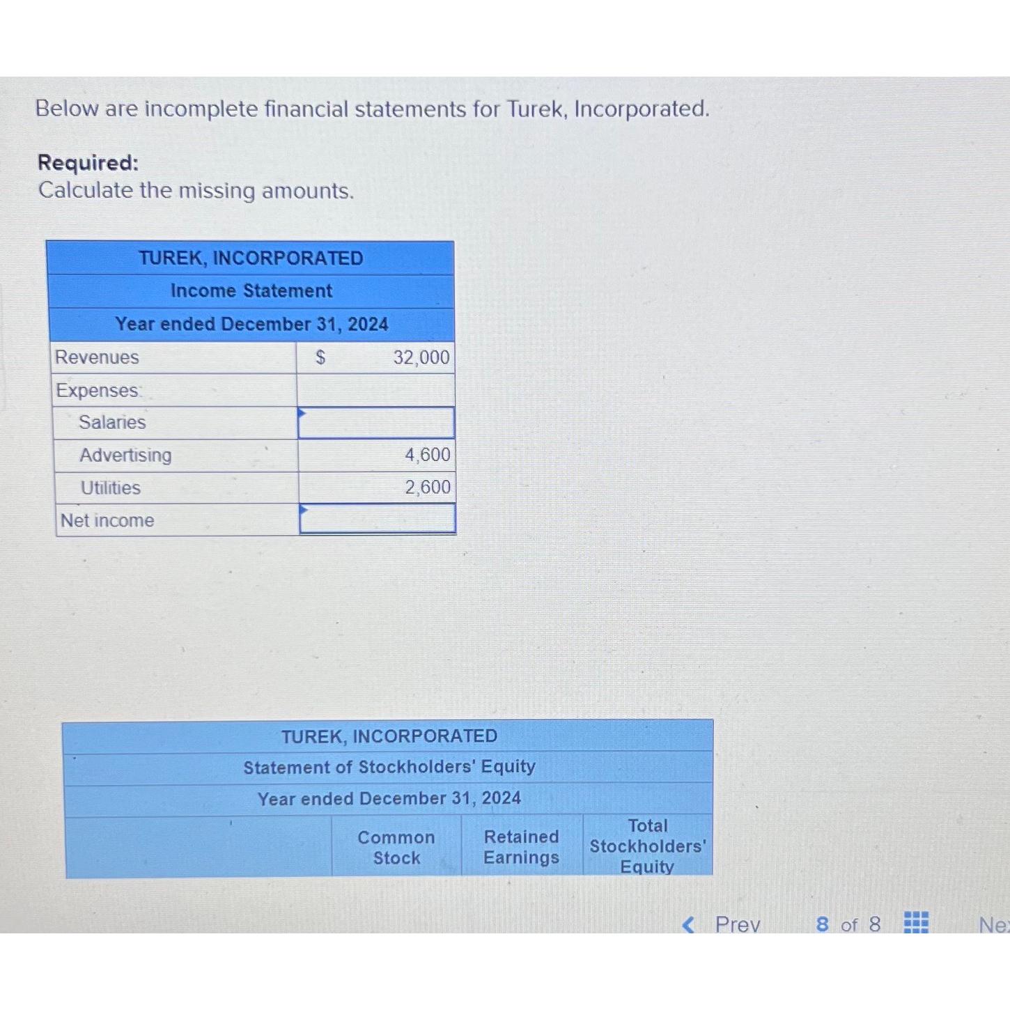 Below are incomplete financial statements for Turek, | Chegg.com