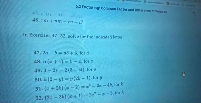 Solved 6.2 Factoring: Common Factor and Difforence of | Chegg.com