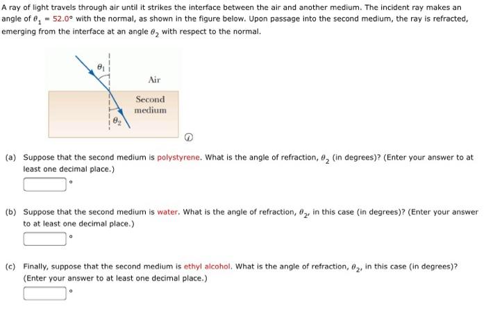 Solved A ray of light travels through air until it strikes | Chegg.com