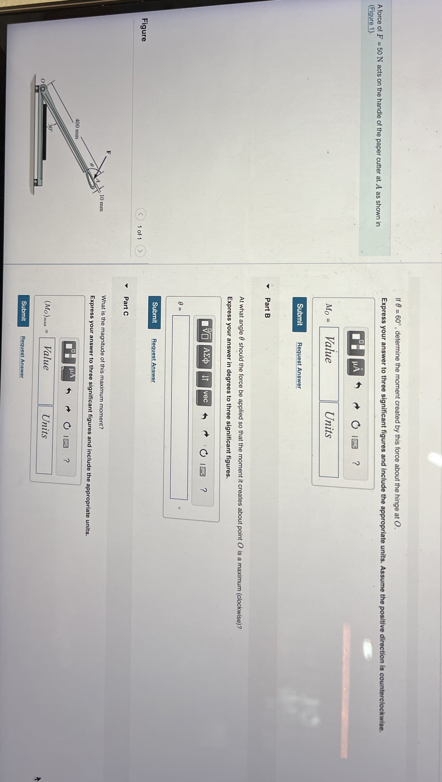 Solved A force of F=50N ﻿acts on the handle of the paper | Chegg.com