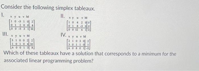 Solved Consider the following simplex tableaux. I. II. III. | Chegg.com