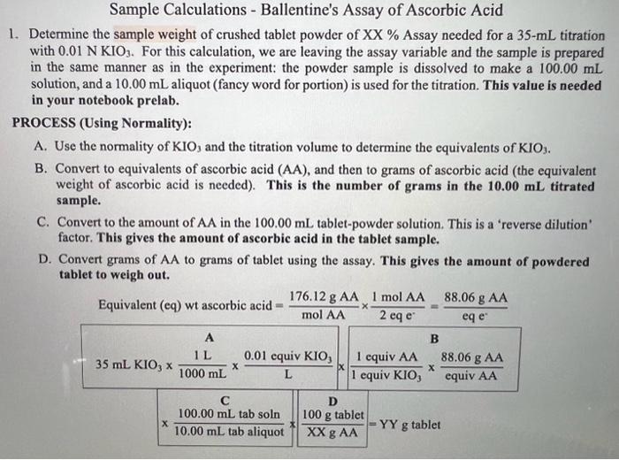 Solved Sample Calculations - Ballentine's Assay of Ascorbic | Chegg.com