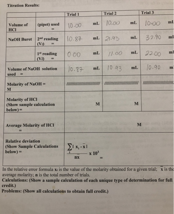 Solved Titration Results: Trial 1 Trial 2 Trial 3 mL mL | Chegg.com