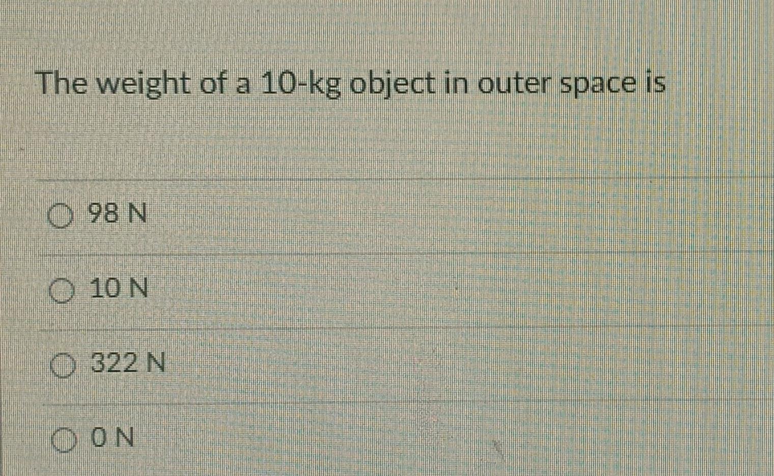 Solved The weight of a 10-kg object in outer space is | 0 98 | Chegg.com