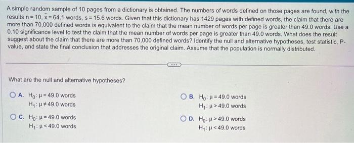 Solved A simple random sample of 10 pages from a dictionary | Chegg.com
