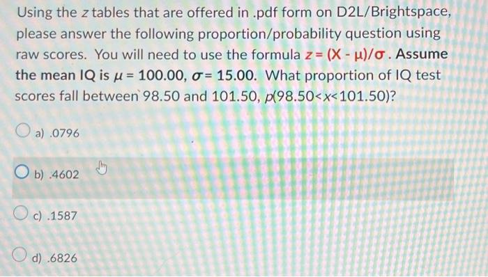 Solved Using the z tables that are offered in .pdf form on | Chegg.com