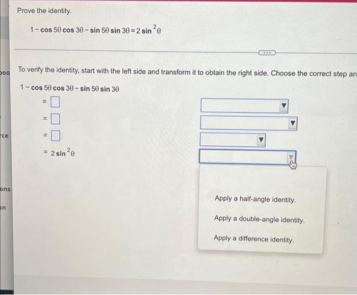 Solved Prove the identity. 1-cos 50 cos 30-sin 50 sin 30 = 2 | Chegg.com