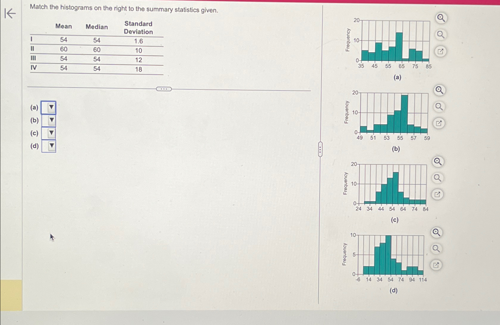 Solved Match the histograms on the right to the summary | Chegg.com