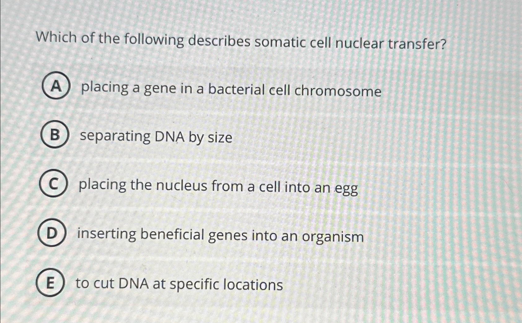 Solved Which of the following describes somatic cell nuclear | Chegg.com