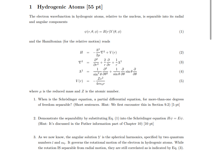 Solved 1 ﻿Hydrogenic Atoms [55 ﻿pt]The electron wavefunction | Chegg.com