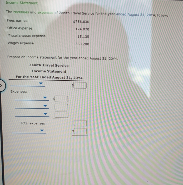 Solved Income Statement The revenues and expenses of Zenith | Chegg.com