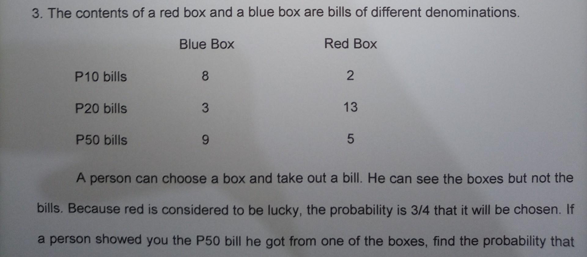 Solved 3. The contents of a red box and a blue box are bills | Chegg.com