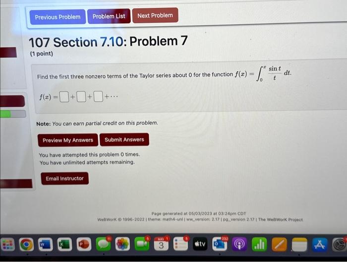 Solved 107 Section 7.10: Problem 7 (1 point) Find the first | Chegg.com