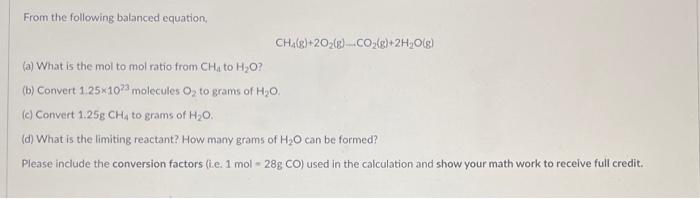Solved From the following balanced equation, CH4( g)+2O2( | Chegg.com