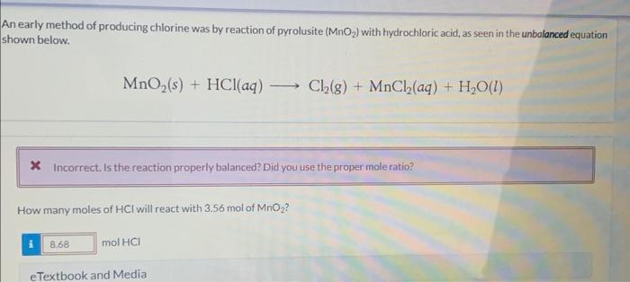 Solved n early method of producing chlorine was by reaction | Chegg.com