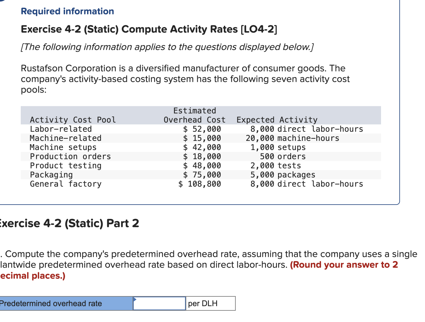 Solved exercise 4-2 (Static) ﻿Part 2. ﻿Compute the company's | Chegg.com