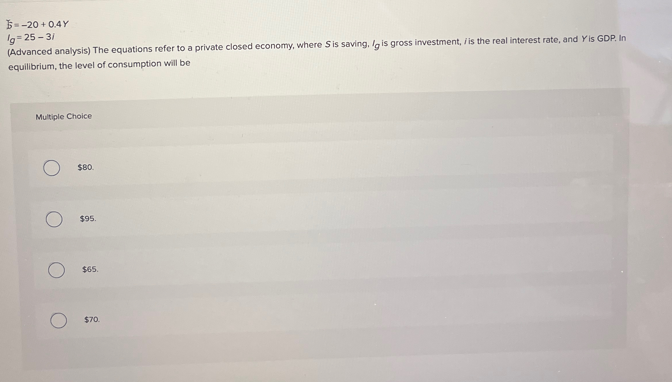 Solved 52=-20+0.4YIg=25-3i(Advanced analysis) ﻿The equations | Chegg.com