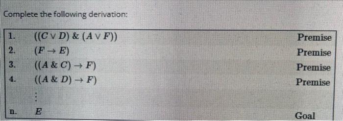 Solved Complete the following derivation: 1. ((C∨D)&(A∨F)) | Chegg.com
