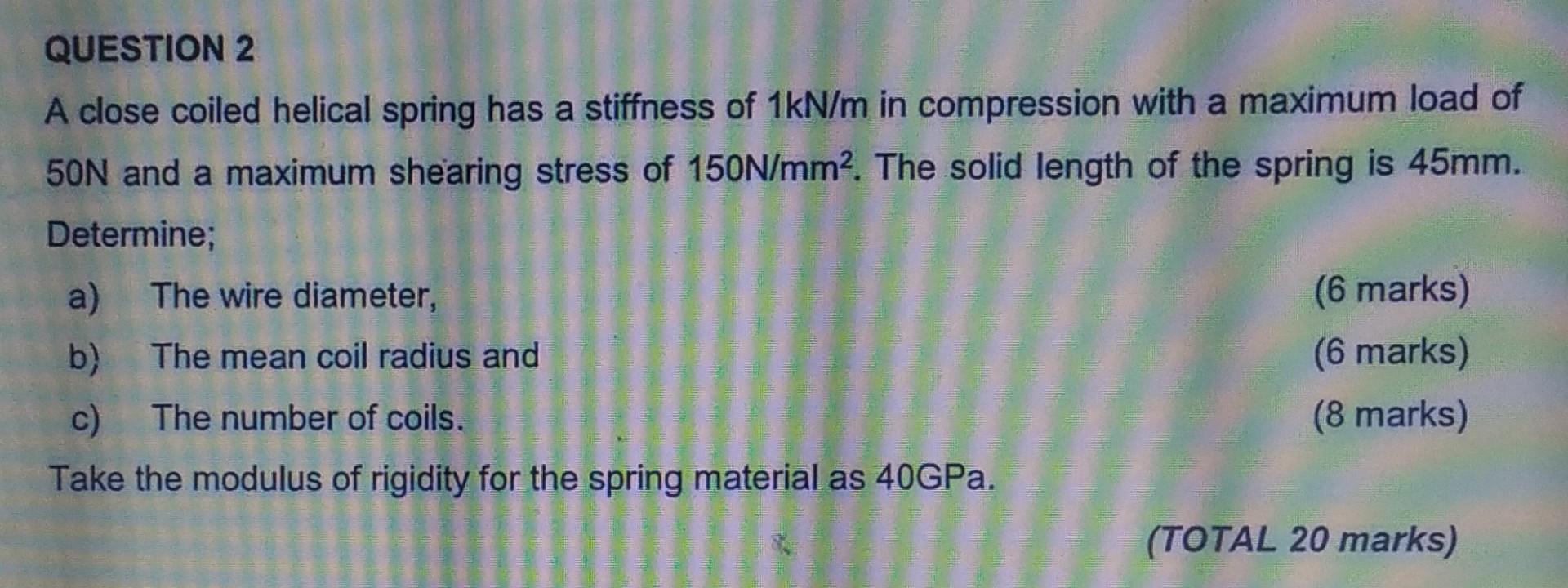 Solved A close coiled helical spring has a stiffness of | Chegg.com
