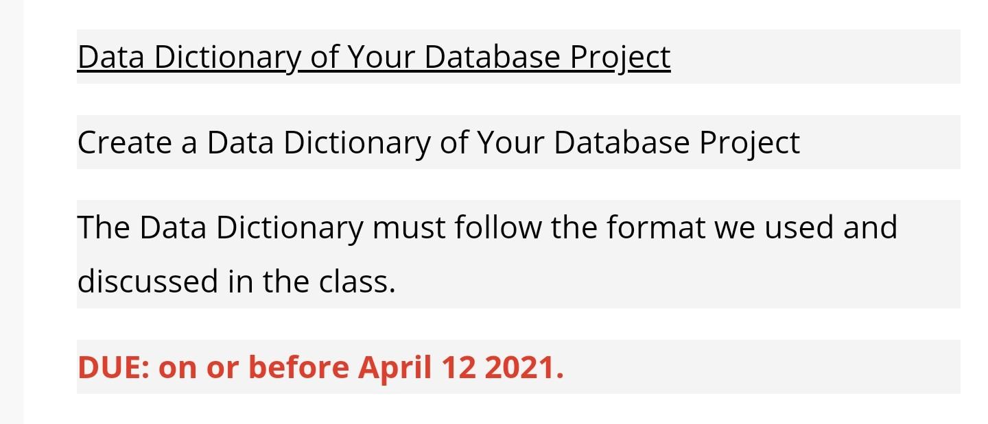 Solved Data Dictionary of Your Database Project Create a | Chegg.com