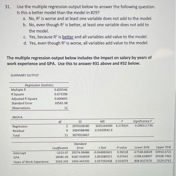 Solved 31. Use the multiple regression output below to | Chegg.com