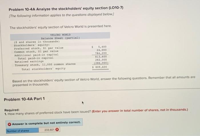 Solved Problem 10-4A Analyze the stockholders' equity | Chegg.com