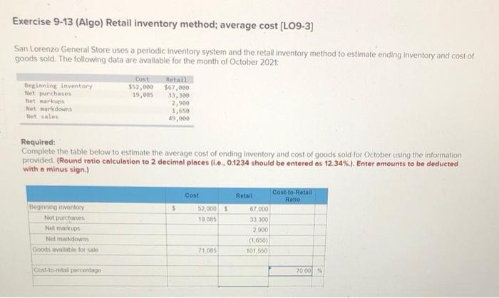 Solved Exercise 9-13 (Algo) Retail inventory method; average | Chegg.com