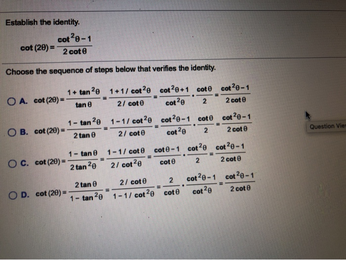 Solved Establish the identity. cot?e-1 cot (20) = 2 cote | Chegg.com