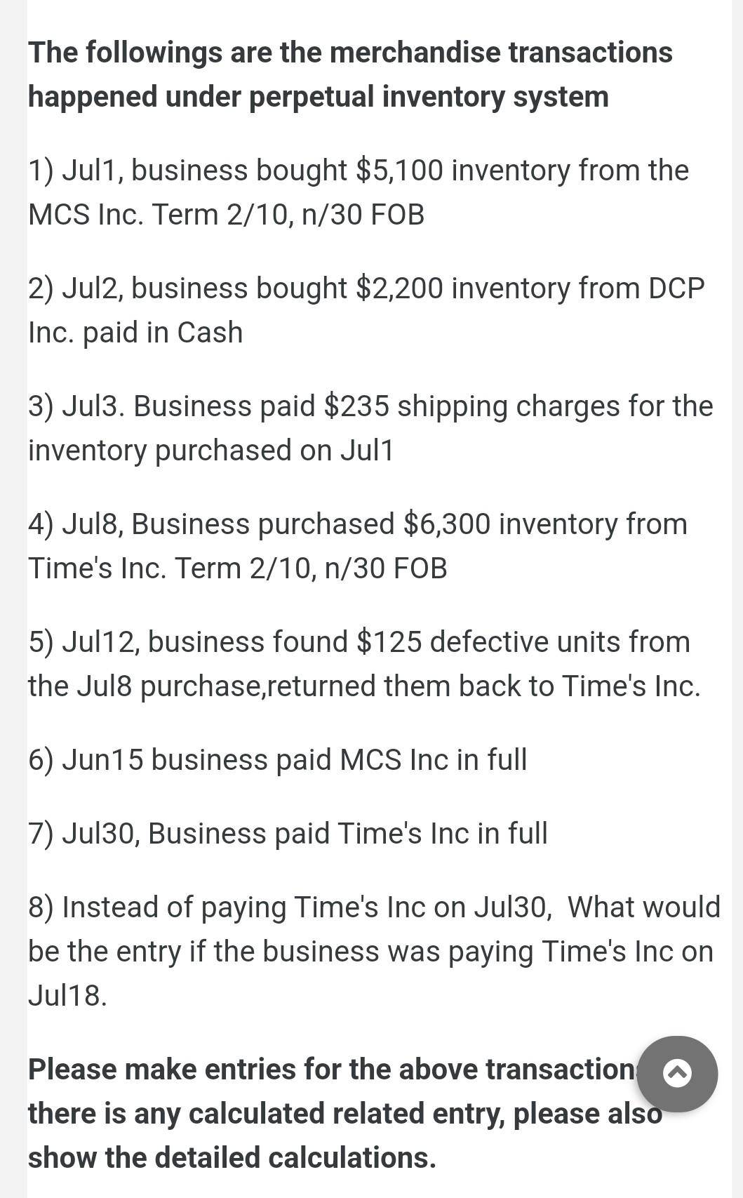 Solved The followings are the merchandise transactions | Chegg.com
