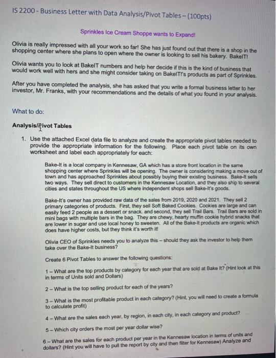 IS 2200 - Business Letter with Data Analysis/Pivot | Chegg.com