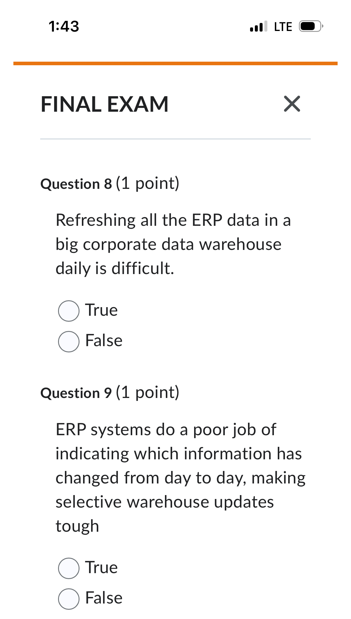 Solved 1:43LTEFINAL EXAMQuestion 8 (1 ﻿point)Refreshing all | Chegg.com