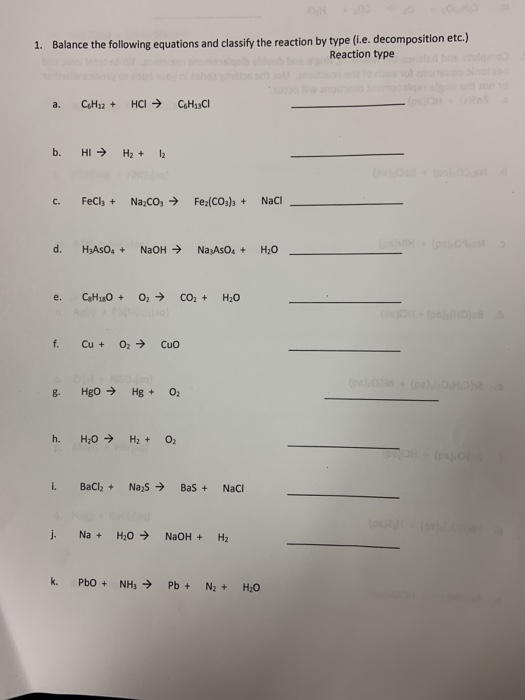 Solved 1. Balance the following equations and classify the | Chegg.com