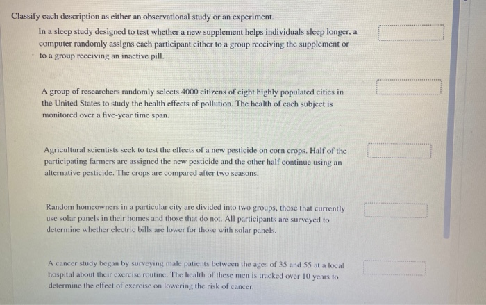 Solved Classify cach description as either an observational | Chegg.com