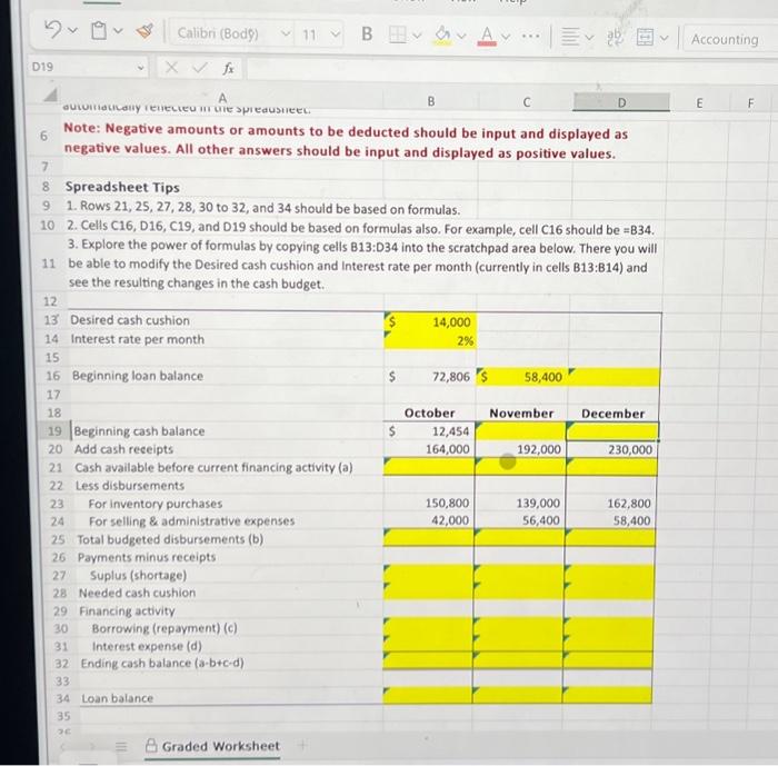 Solved Calibri (Body) 11 B Accounting D19 fr A B c D. E F G | Chegg.com