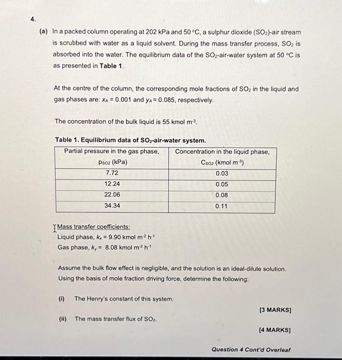 Solved 4. (a) In a packed column operating at 202 kPa and 50 | Chegg.com