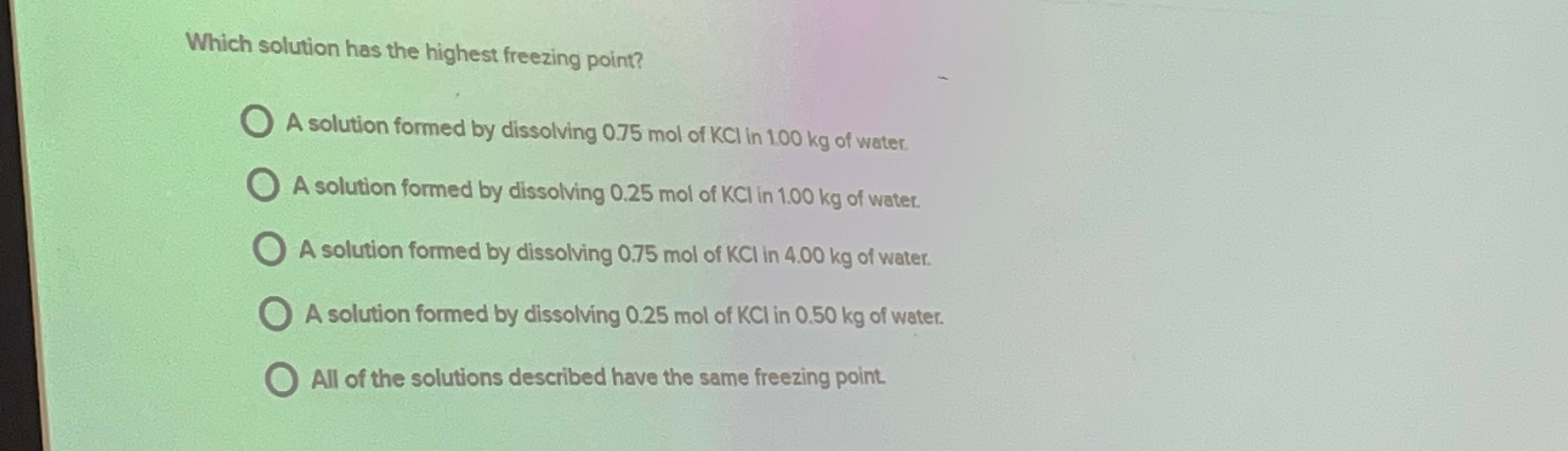 Solved Which solution has the highest freezing point?A | Chegg.com