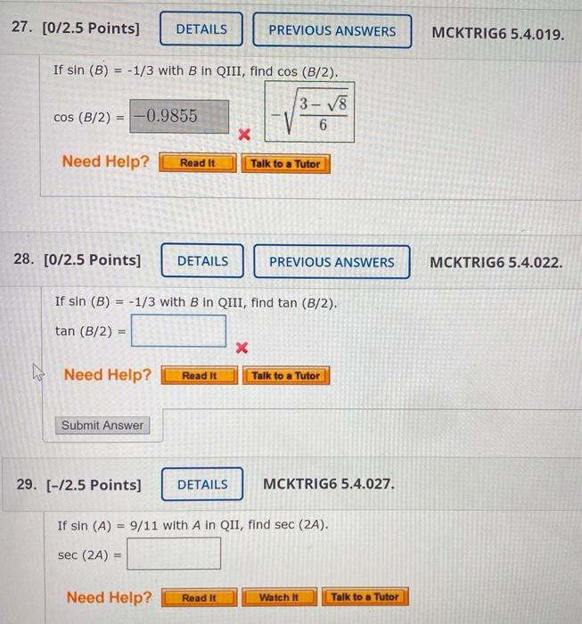 Solved 27. [0/2.5 Points] DETAILS PREVIOUS ANSWERS MCKTRIG6 | Chegg.com