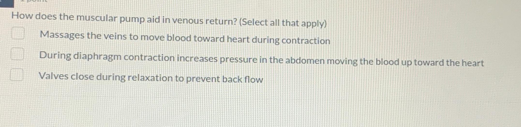 Solved How does the muscular pump aid in venous return? | Chegg.com