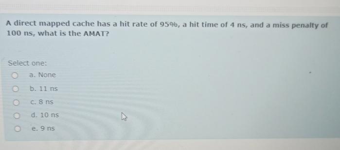 Solved A direct mapped cache has a hit rate of 95%, ﻿a hit | Chegg.com
