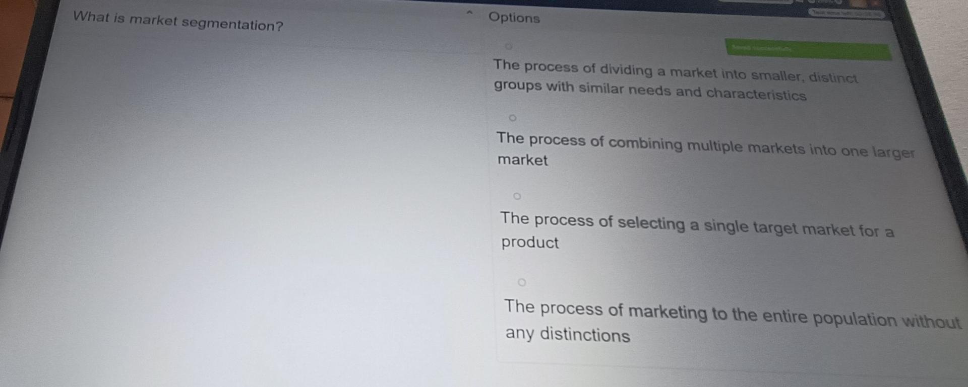 Solved What is market segmentation?OptionsThe process of | Chegg.com