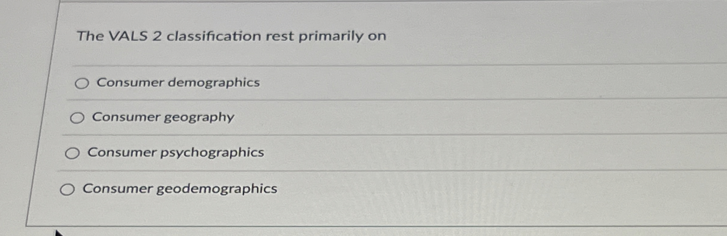 Solved The VALS 2 ﻿classification rest primarily onConsumer | Chegg.com