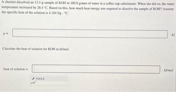 Solved A chemist dissolved an 13.1 g sample of KOH in 100.0 | Chegg.com